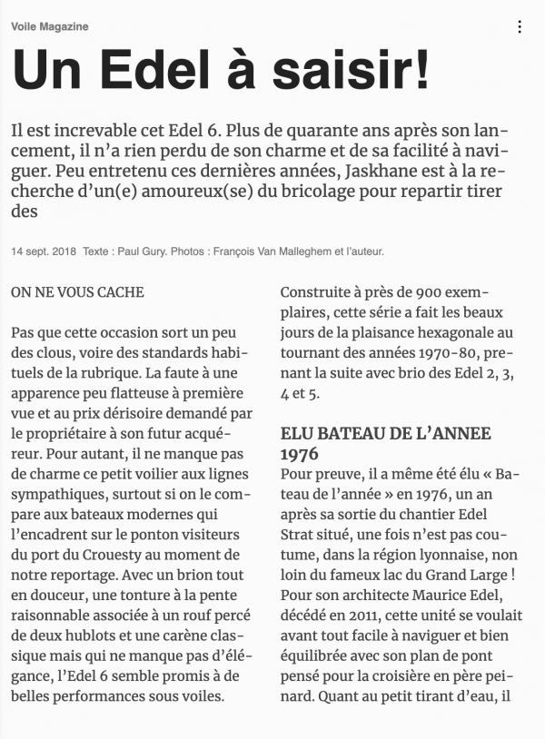 Un Edel 6 à saisir ! (Voile magazine n°274, nov 2018) – Edelvoilier